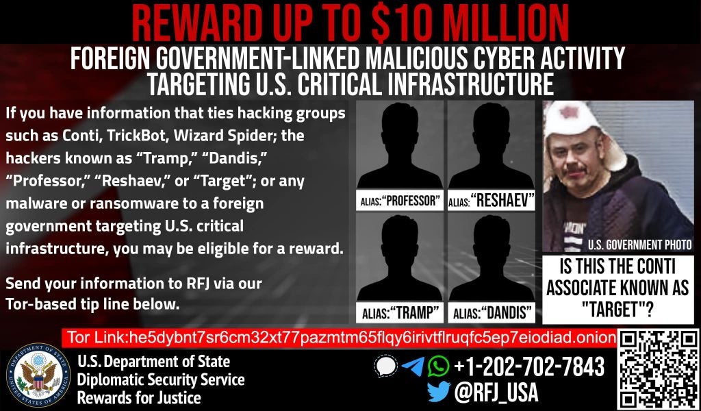 US Government Offers $10 Million Reward for Info on Ransomware Gang